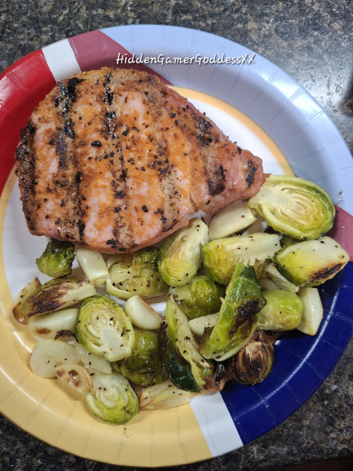 Grilled pork chops with garlic roasted Brussel sprouts - /c/foodies